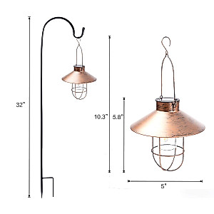 2Pack Solar Metal Hanging Lantern with Shepherd Hook Outdoor Led Garden Lights Brushed Copper