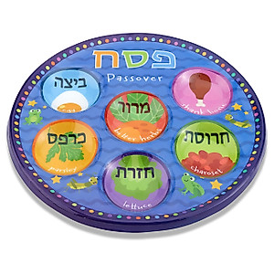 2 Vibrant Colored Childrens Disposable Passover Seder Plates 10" Quality Hard Plastic Colorful Pesach Seder Plate for Kids Marked with Traditional Seder Foods Specialty Tray Dishware by Zion Judaica