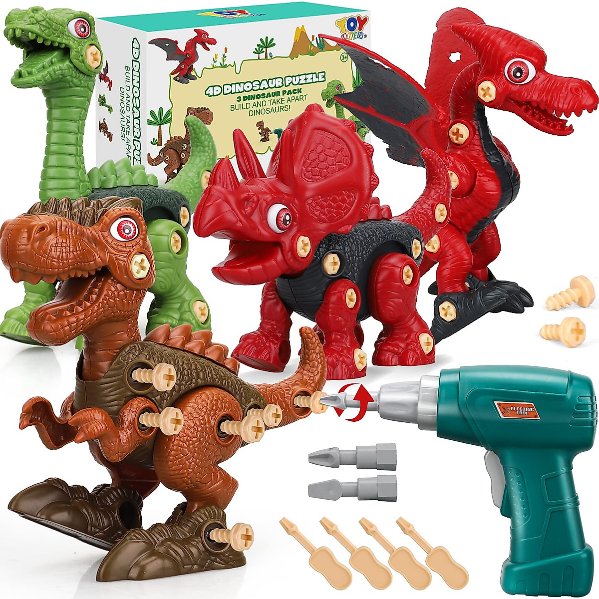 TOY Life 4-Pack Take Apart Dinosaur STEM Toys for Ages 3-12, Educational Building & Construction Set, Toddler Boys Gift, Preschool Learning Dinosaur Games with Tools