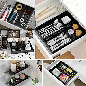 VeyFey Bamboo Drawer Organizer, Stackable Utensil Organizer for Kitchen, Black Silverware Tray for Drawer 15" x 6" x 2" Set of 2