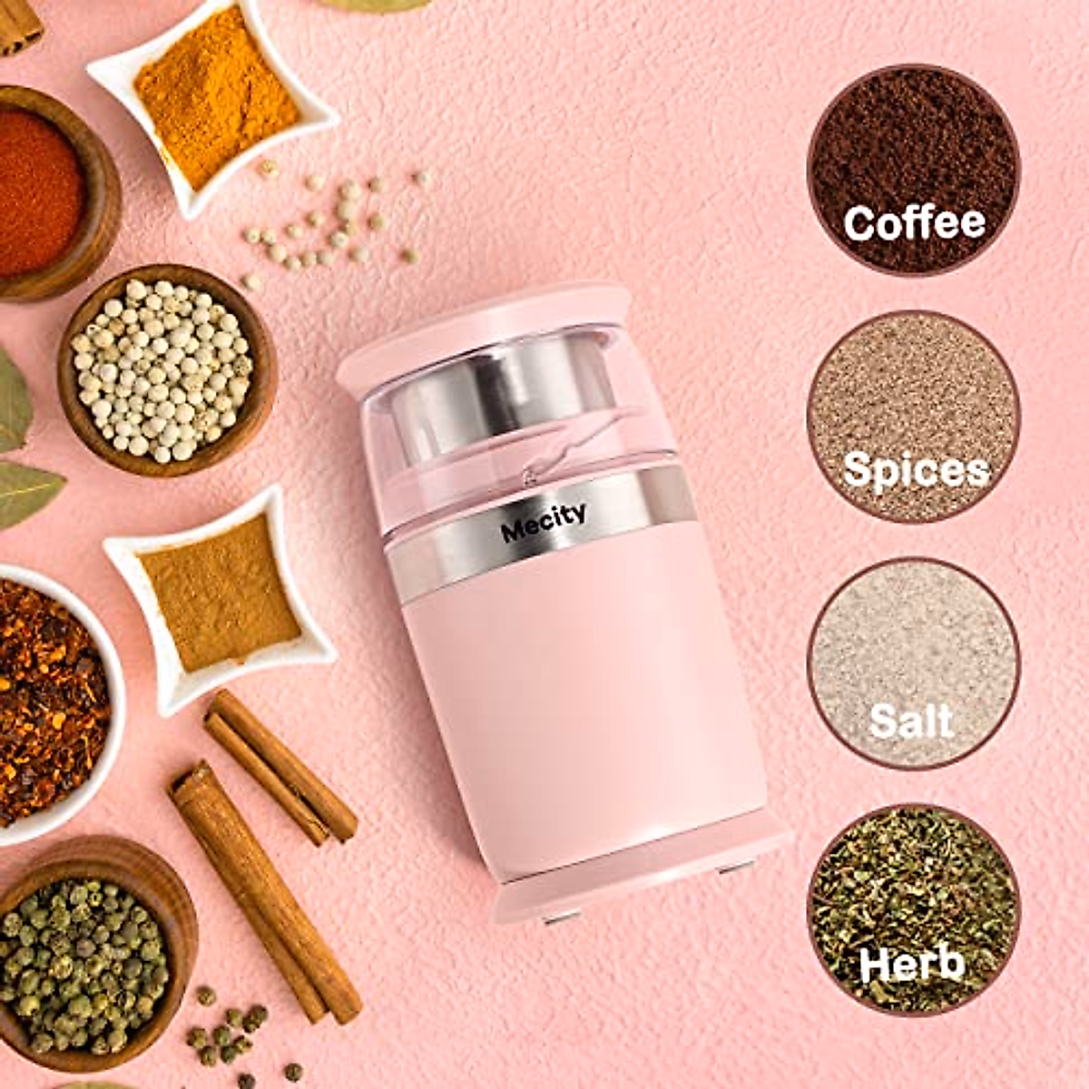Mecity Electric Coffee Blade Grinder 6 Blades Stainless Steel Removable Bowl Fast Grinding, Gift for her, Coarse Fine Ground Coffee, Espresso Grinder, 200W, Pink