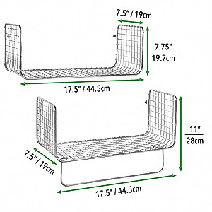 mDesign Metal Wire Farmhouse Wall Decor Storage Organizer Shelving Set - 1 Shelf with Towel Bar for Bathroom, Laundry Room, Kitchen, Garage - Wall Mount, 2 Pieces - Chrome