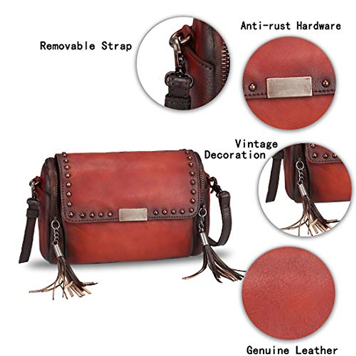 Genuine Leather Crossbody Purse for Women Vintage Handmade Satchel Top Handle Convertible Handbag Shoulder Bag (Red)