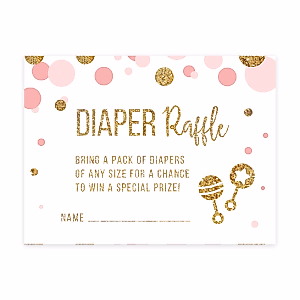 Andaz Press Blush Pink Gold Glitter Girl Baby Shower Party Collection, Games, Activities, Decorations, Diaper Raffle Cards, 30-pack