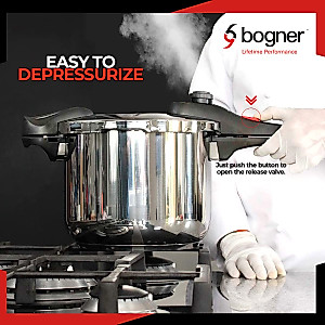 Bogner - Stainless Steel Pressure Cooker. 4 Safety Security System Valve and Clip Closure, 8.4 quartz Capacity, Compatible with all types of stoves