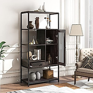 Tall Bookshelf with Door and Drawer, 5-Tier Bookcase Storage Display Shelf, Industrial Vintage Furniture Decor, Wood, Metal Frame