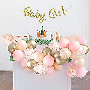Sweet Baby Co. Baby Shower Decorations for Girl with Pink Balloon Arch Garland Kit, Baby Girl Banner Decor, Eucalyptus Boho Greenery Vine, Light Pink, Peach Blush, Gold, Confetti Balloons