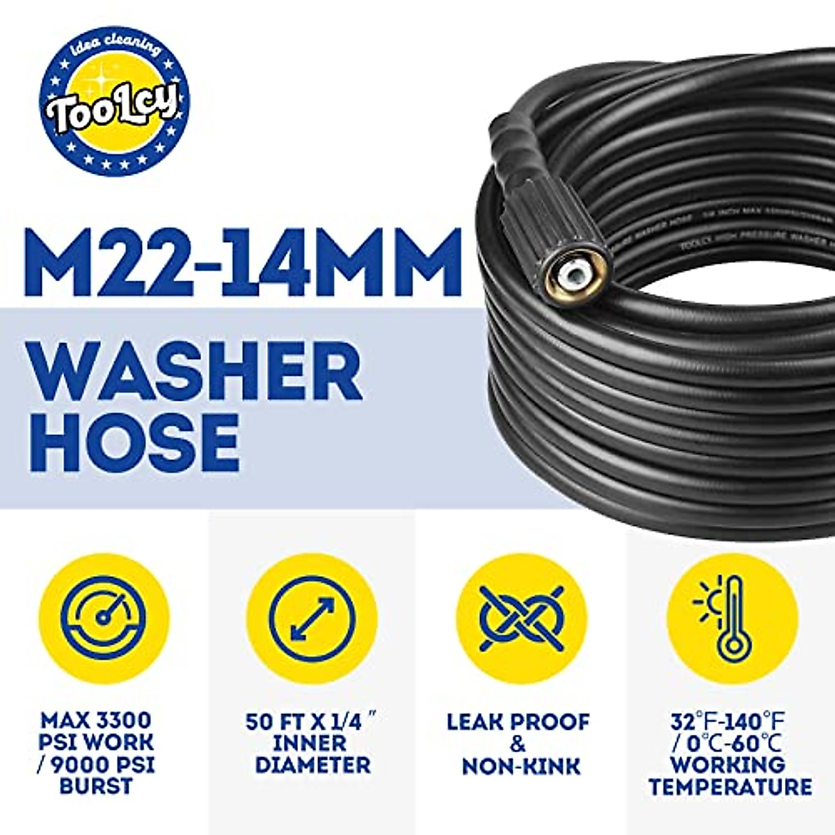 TOOLCY Pressure Washer Extension Hose, 50 ft Kink Resistant Power Washer Hose for Replacement, with Extension Coupler, 3300 PSI, 1/4" inch, M22-14mm Fittings
