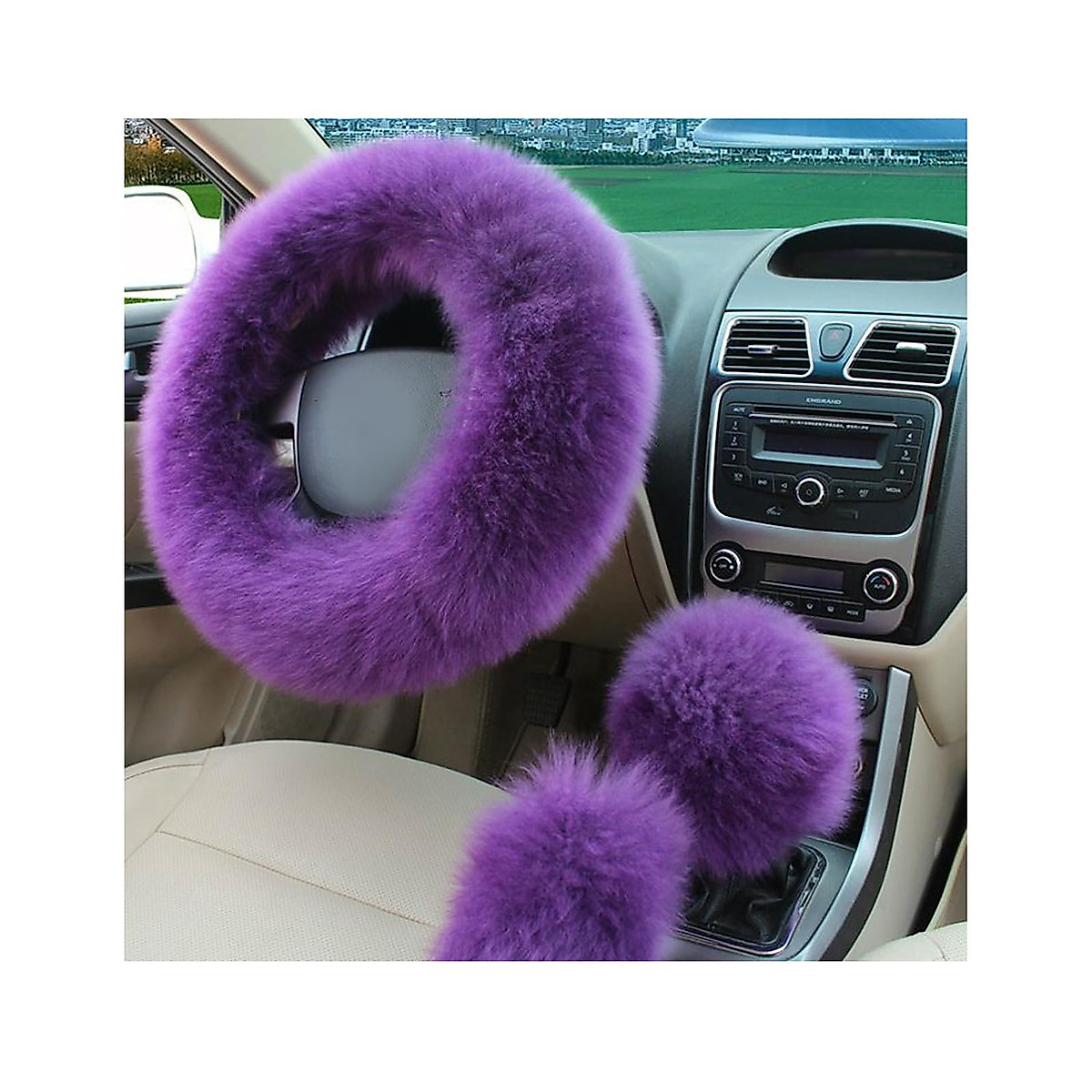 Ziciner 3PCS Wool Steering Wheel Cover with Fuzzy Handbrake Cover & Gear Shift Cover, Universal 15 Inch Steering Wheel Fluffy Soft Protector, Comforting Warm Car Decoration for Women Men (Purple)