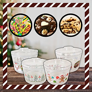 EB (4) Christmas Themed Stackable Plastic Containers with Lids 12.5 oz for Cookies Snack Candies Treats Food Storage Holiday Jars Home Kitchen Cabinet Organizer Gift Set Supplies (Design may Vary)