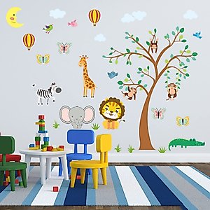 AnFigure Forest Animal Wall Stickers Giraffe Elephant Lion Wall Decals Monkey Tree Wall Stickers for Kids Girls Boy Baby Room Nursery Playroom Daycare Bedroom Kindergarten Wall Decor