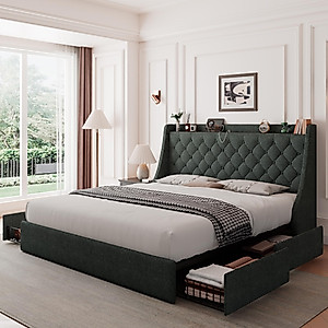 Feonase Full Size Upholstered Bed Frame with 4 Storage Drawers, Type-C & USB Port and Charging Station, Wingback Headboard and Storage Shelf, No Box Spring Needed, Easy Assembly, Dark Grey