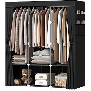 LOKEME Portable Closet, Portable Closets for Hanging Clothes with 3 Hanging Rods and 6 Storage Shelves and 4 Side Pockets, Black Wardrobe Closet Easy to Assemble and Strong and Stable