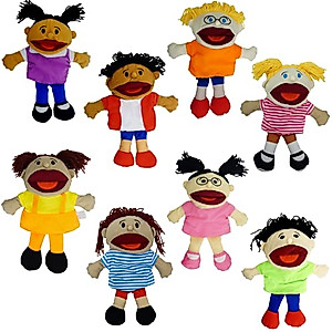 8 Hand Puppets for Kids, Multicultural Puppets with Movable Mouth (8 Pack) Bulk Soft Plush Puppets, School Home Puppet Theater Shows Toys, Teachers Classroom Supplies