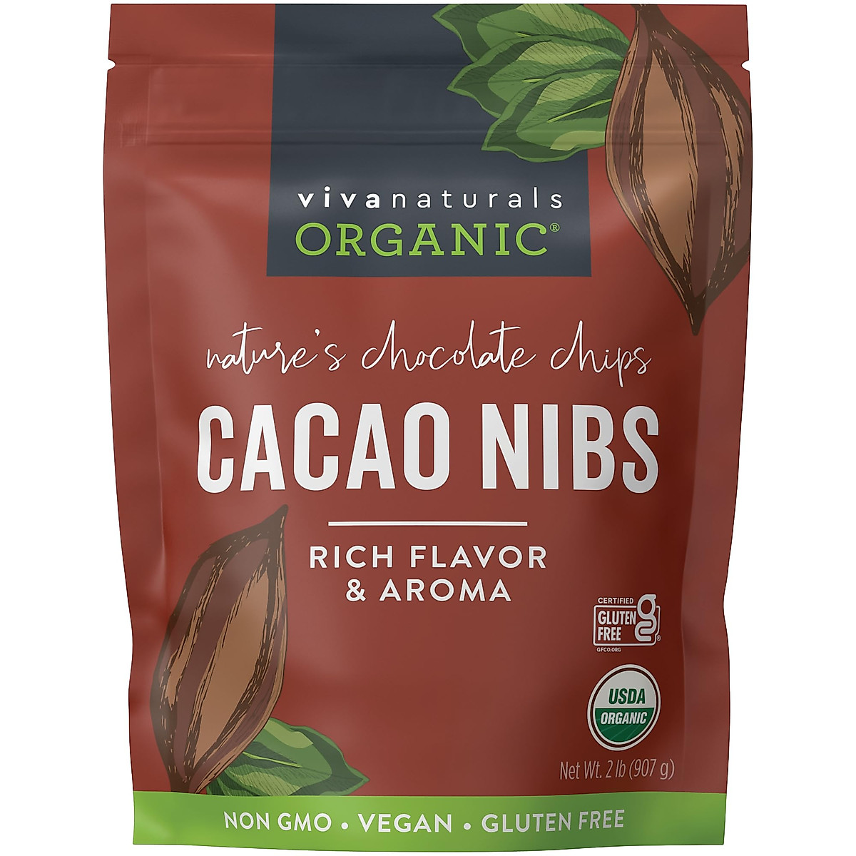 Viva Naturals Organic Cacao Nibs, 2 Lb - Certified Keto and Vegan Superfood, Perfect for Gluten Free Baking and Smoothie Topper, Premium Criollo Beans, Non-GMO