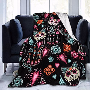 Day of The Dead Cat Kitten Sugar Skull Throw Blanket Soft Lightweight Durable Flannel Fleece Blanket 50"X40" for Bed Sofa Couch Camping Travel