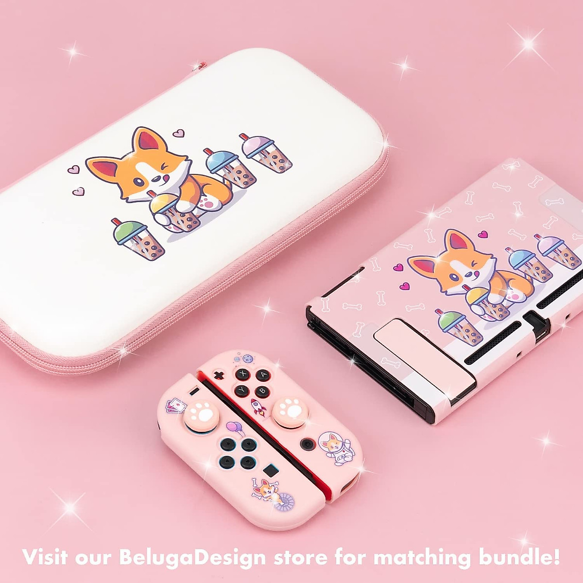 BelugaDesign Corgi Boba Switch Bundle | Cute Kawaii Dog Bubble Tea Pastel Pet Case | Cover Shell with Thumb Grips Compatible with Nintendo Switch (Switch Standard, Pink)