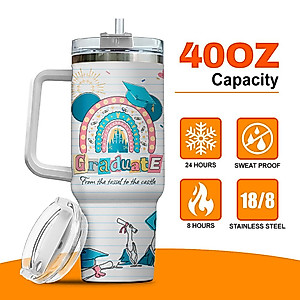 99WHALE Graduation Castle Adventure, Tumbler 40 Oz With Handle Lid And Straw, Graduation Gifts, Tumblers Rainbow Gold Senior White Class Handle Of Purple Royal Teal Blue Heart