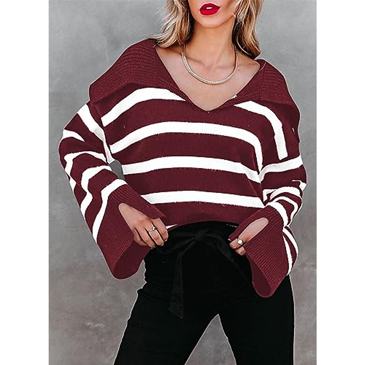 SHEWIN Womens Fashion Sexy V Neck Sweater Casual Bell Sleeve Cute Knit Tops Lapel Collar Winter Clothes for Women 2023 Biking Red Large