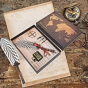 Vakitar Feather Pen and Ink Set Retro Wing Quill Pen Set Antique Calligraphy Dip Pen with 15ml Ink, 3 Replacement Nibs, Pen Stand Holder, Luxury Vintage Signature Pen Gift Set(White)