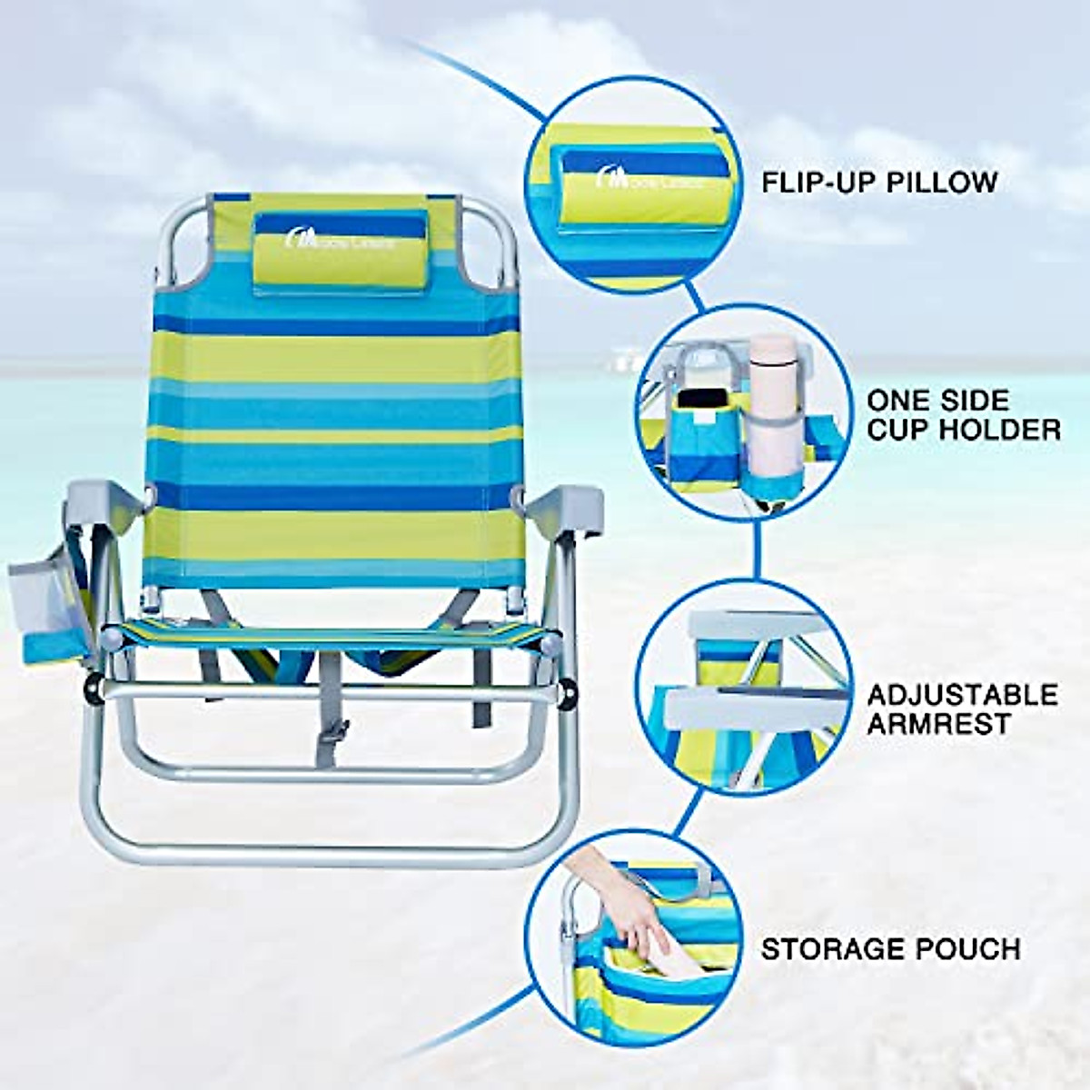 MOON LENCE Folding Beach Chair with 5 Positions High Recliner Chair Lightweight Portable Folding Chair with Towel bar for Camp,Outdoor,Travel