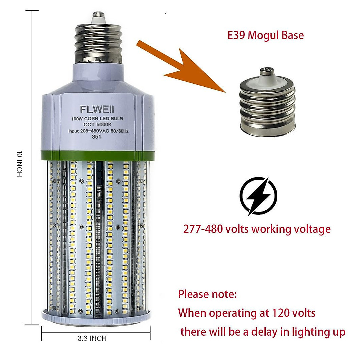 FLWEII LED Corn Light Bulb, 208-480V 100W E39 Mogul Base 5000K,14000 LM Replacement 400W HPS/MH for Indoor Outdoor Garage Warehouse Factory Backyard
