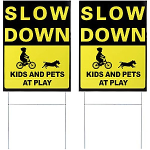 Kichwit 2 Pack Double Sided Slow Down Kids and Pets at Play Yard Signs with Metal Stakes, Sign Measures 11.8 x 15.7 Inches