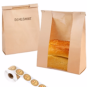 Dualshine 100 Pcs Bread Bags for Homemade Bread Sourdough Bread Bags Paper Kraft with Window Bread Bags 14" x 8.3" x 3.5" with Tin Strip and 500 Pcs Seal Stickers for Cookies Coffee Beans and Bakery