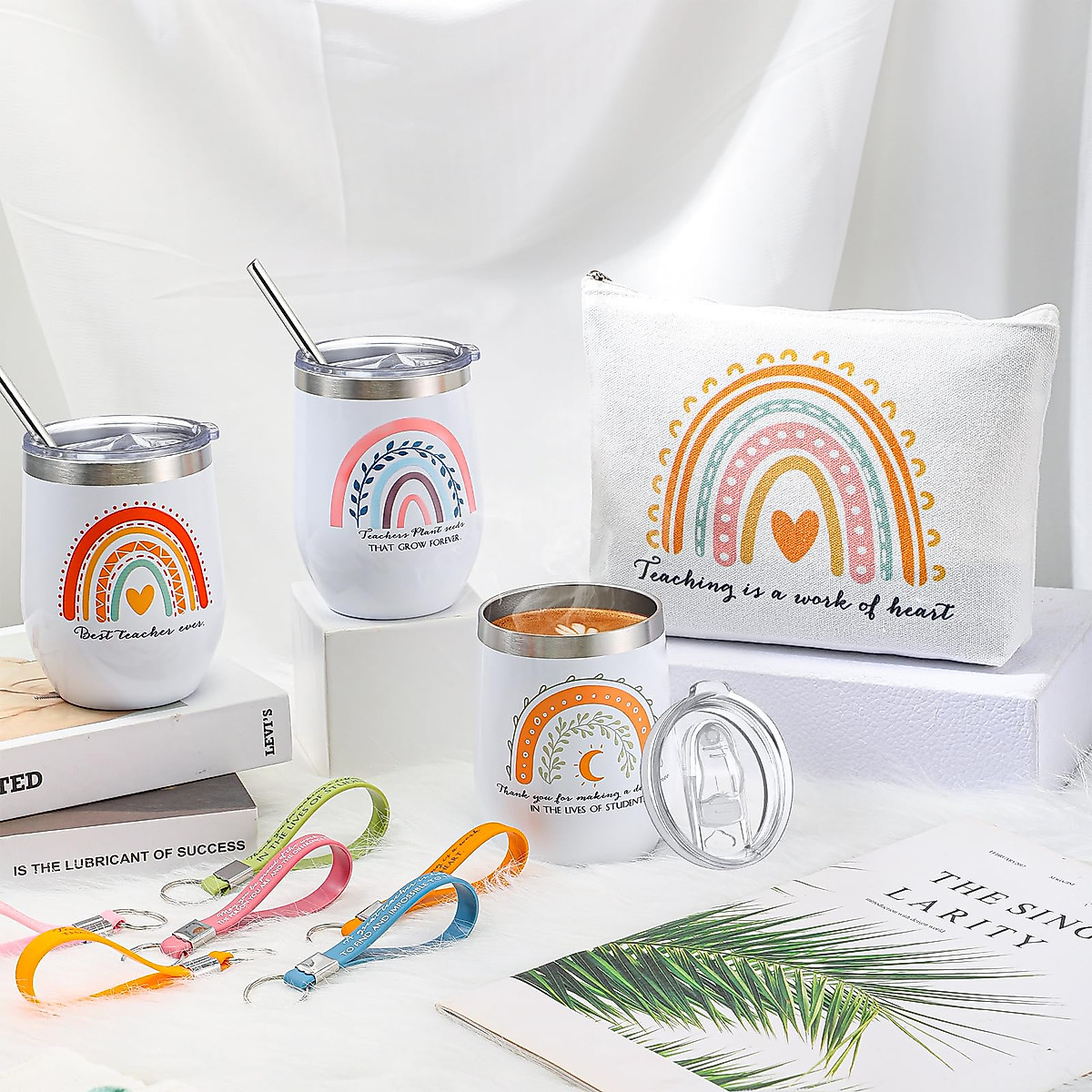 Rtteri 6 Set Teacher Appreciation Gifts Bulk 12 oz Rainbow Tumbler with Lid Straw Brush Keychains Makeup Bags Thank You Teacher Gift Back to School Appreciation Gift Set for Birthday Graduation Women