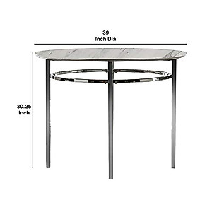 Benjara Contemporary Round Dining Table with Faux Marble Top, White and Chrome