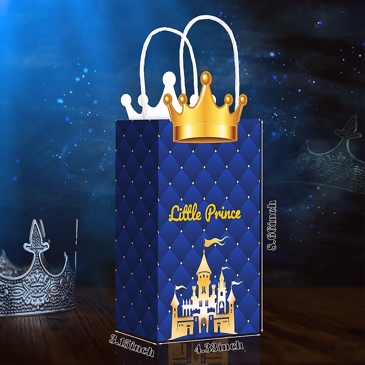 16 Pack Prince Party Favors Bags Prince Theme Charming Party Bags Glitter Crown Party Bag Treat Goody Gift Paper Kraft Wrap Bags with Handle for Prince Theme Birthday Baby Shower Party Favor Supplies
