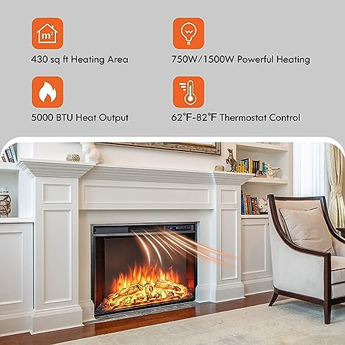 Tangkula 26 Inches Electric Fireplace Inserts with Remote Control, Recessed Fireplace with 3 Flame Effects, 6 Brightness, Thermostat, 6H Timer, 750W/1500W