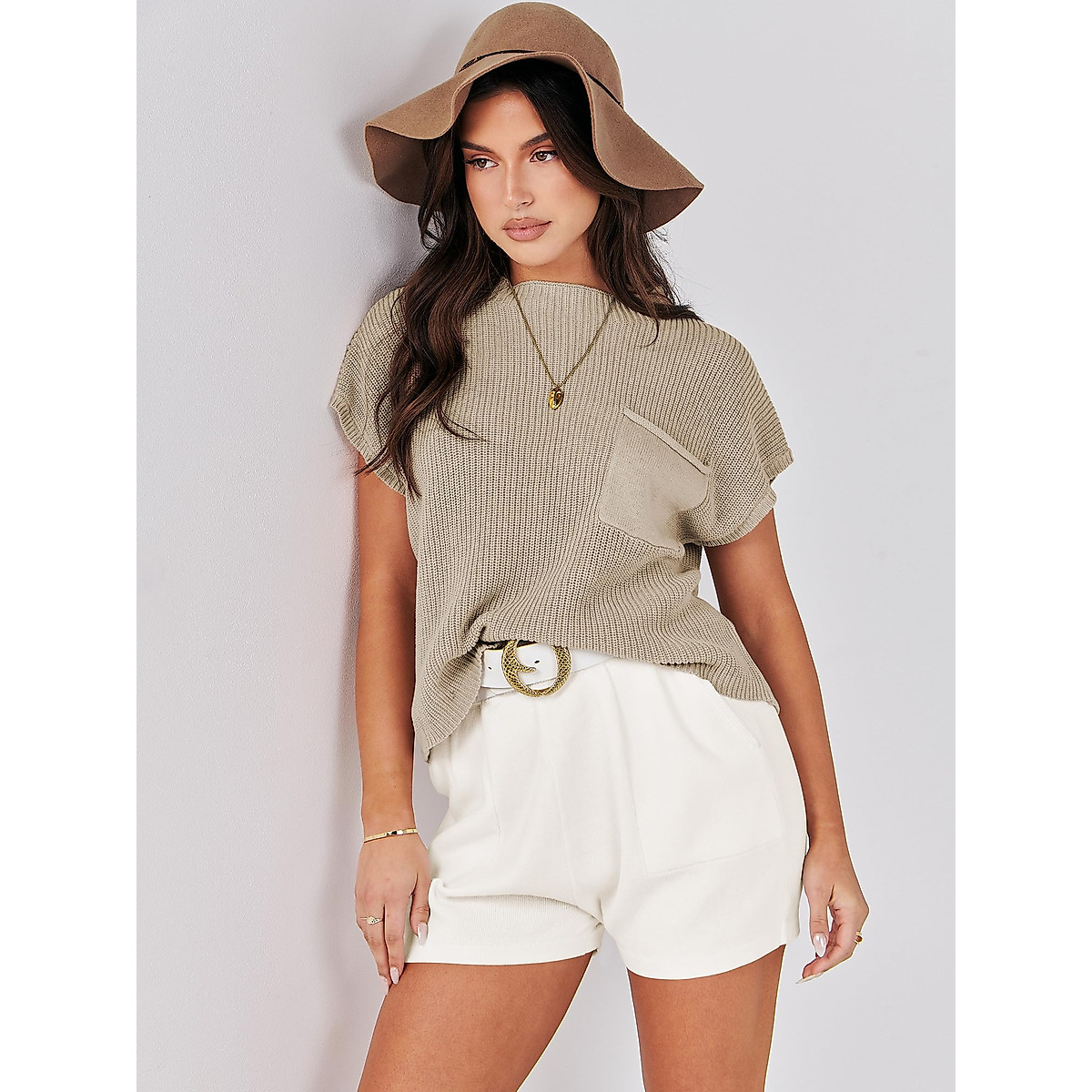 Caracilia 2 Piece Shorts Set for Women Sweater Fashion Outfits 2023 Knit Tank Tops and Casual Matching Summer Classy Loungewear Clothes Tracksuit Sweatsuits C112A2qiankaqi-XL Khaki White, X-Large