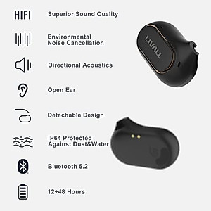 LIVALL LTS21 - Open-Ear Headphones - Air Conduction Detachable Wireless Sport Earphones for Workouts and Running Built-in Mic for Music, Phone Call, Lightweight Safer and Comfort - Midnight Black
