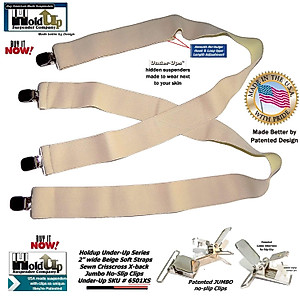 Holdup Traditional Style Tan 2" Under-Ups Suspenders for Men with USA Patented Metal "No-Slip" clips