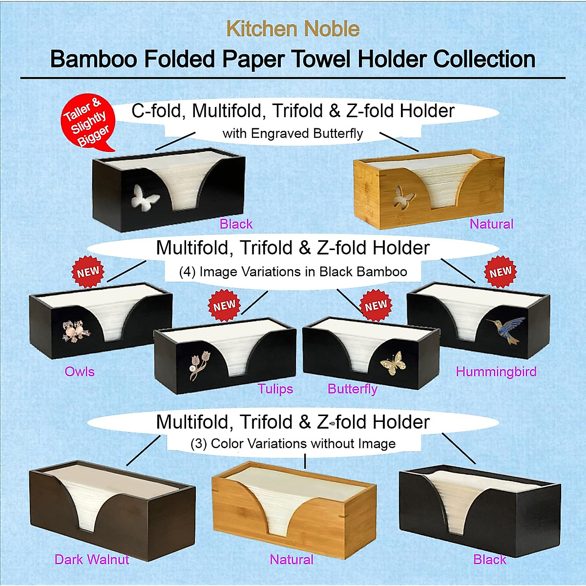 Countertop Multifold Paper Towel Dispenser - Black Bamboo Wood Folded Paper Towel Holder - For Single Fold, Trifold, C Fold & Z Fold Hand Napkins Folded Size 9.7" x 3.7" Or Smaller