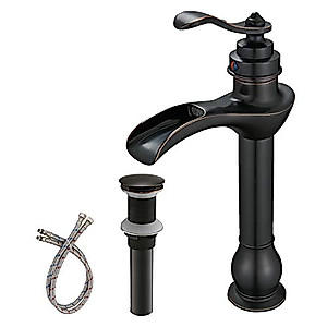 BWE Vessel Sink Faucet Oil Rubbed Bronze Waterfall Farmhouse Rustic with Pop Up Drain Assembly and Supply Hose Lead-Free Single-Handle Single Hole Bathroom Faucet Vanity Lavatory Mixer Tap Tall Body