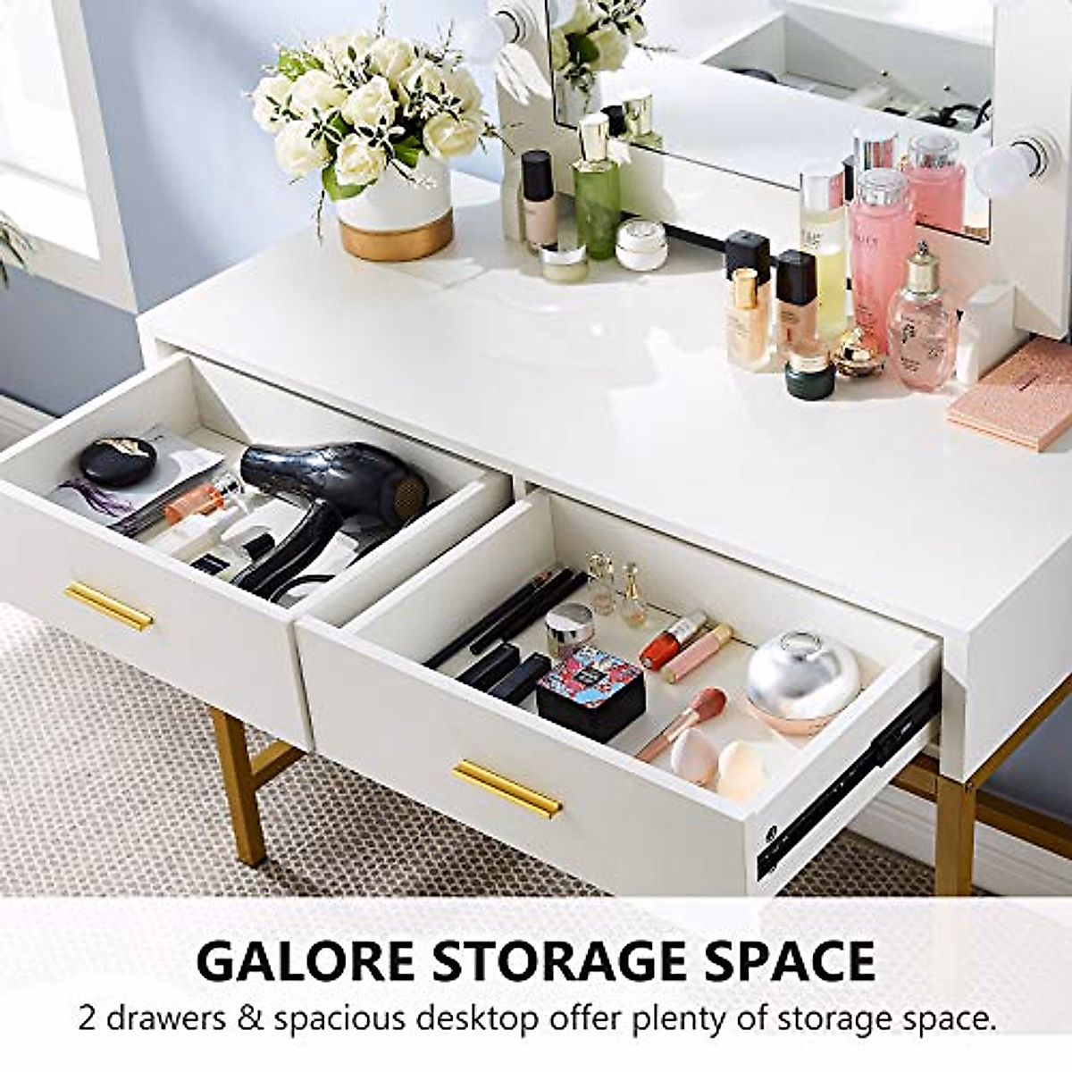 Tribesigns Vanity Table with Lighted Mirror, Makeup Vanity Dressing Table with 9 Lights and 2 Drawers for Women, Dresser Desk Vanity Set for Bedroom, Gold (White)