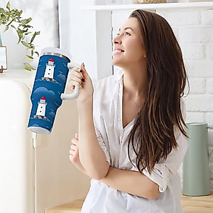 RPLIFE Whimsical Sweet Lighthouse Blue Coffee Tumbler with Handle, Stainless Steel Coffee Tumbler, Cups with Lids