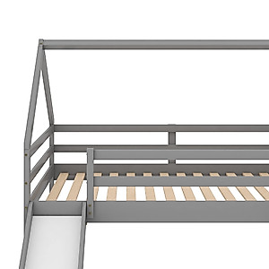 Harper & Bright Designs Twin Bunk Beds for Kids,Wood House Bunk Bed Twin Over Twin,Kids Bunk Bed with Slide and Roof for Girls Boys,Grey