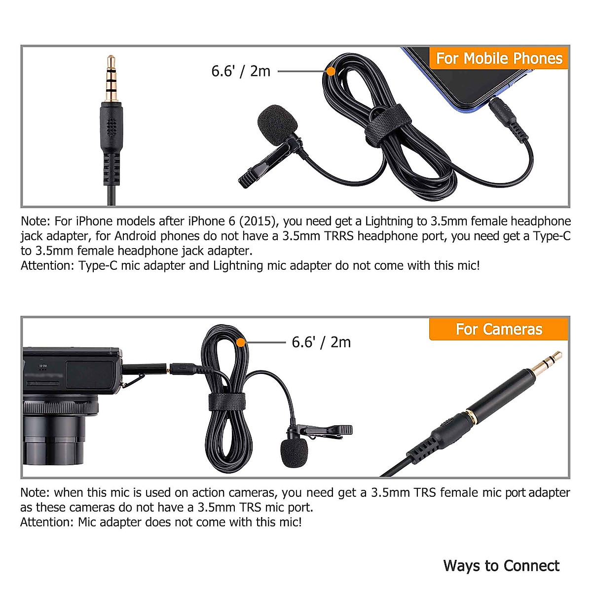 Lapel Lavalier Microphone Clip-on Lav Mic for Sony A7C II ZV-1 II ZV1 ZV-1F RX100 VII A6700 A6600 A6300 A6100 A7IV A7 III II A7S Canon G7X III M50 R50 R100 R RP Nikon Z6 Z7 II Z30 Z50 & More Cameras
