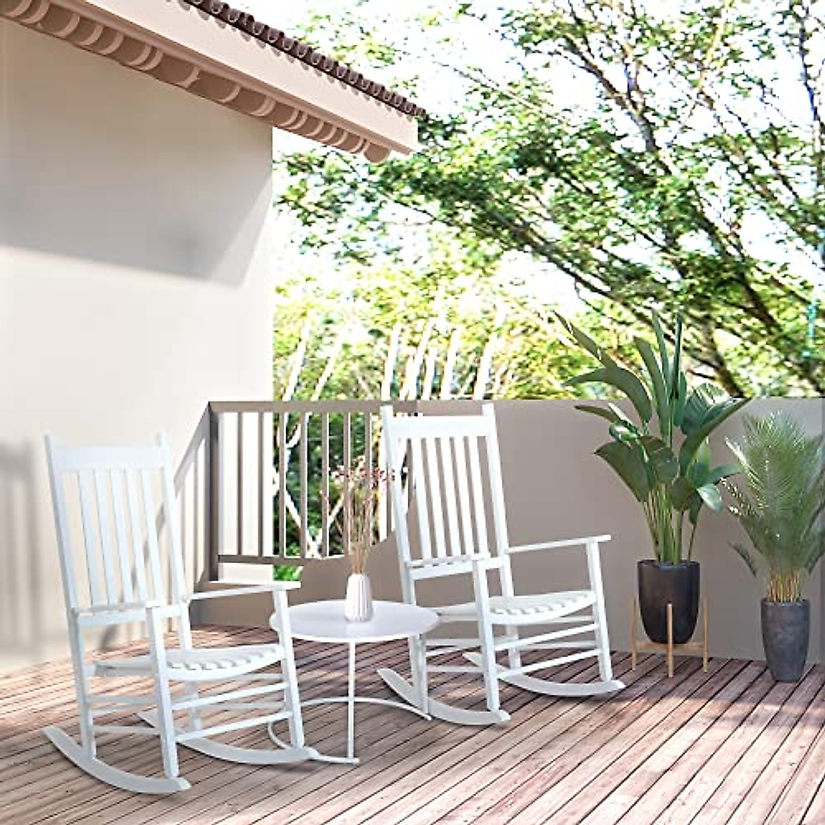 Outsunny Outdoor Rocking Chair, Wooden Rocking Patio Chairs with Rustic High Back, Slatted Seat and Backrest for Indoor, Backyard, Garden, White