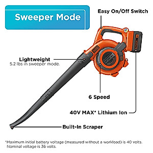 BLACK+DECKER 40V Cordless Leaf Blower Kit, 120 mph Air Speed, 6-Speed Dial, Built-In Scraper, With Collection Bag, Battery and Charger Included (LSWV36)