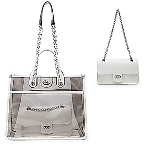 Large Clear Tote Bag Top handle Bag for Women Handbag Messenger Crossbody Purse With Turn Lock Closure (2 Sets) (White)