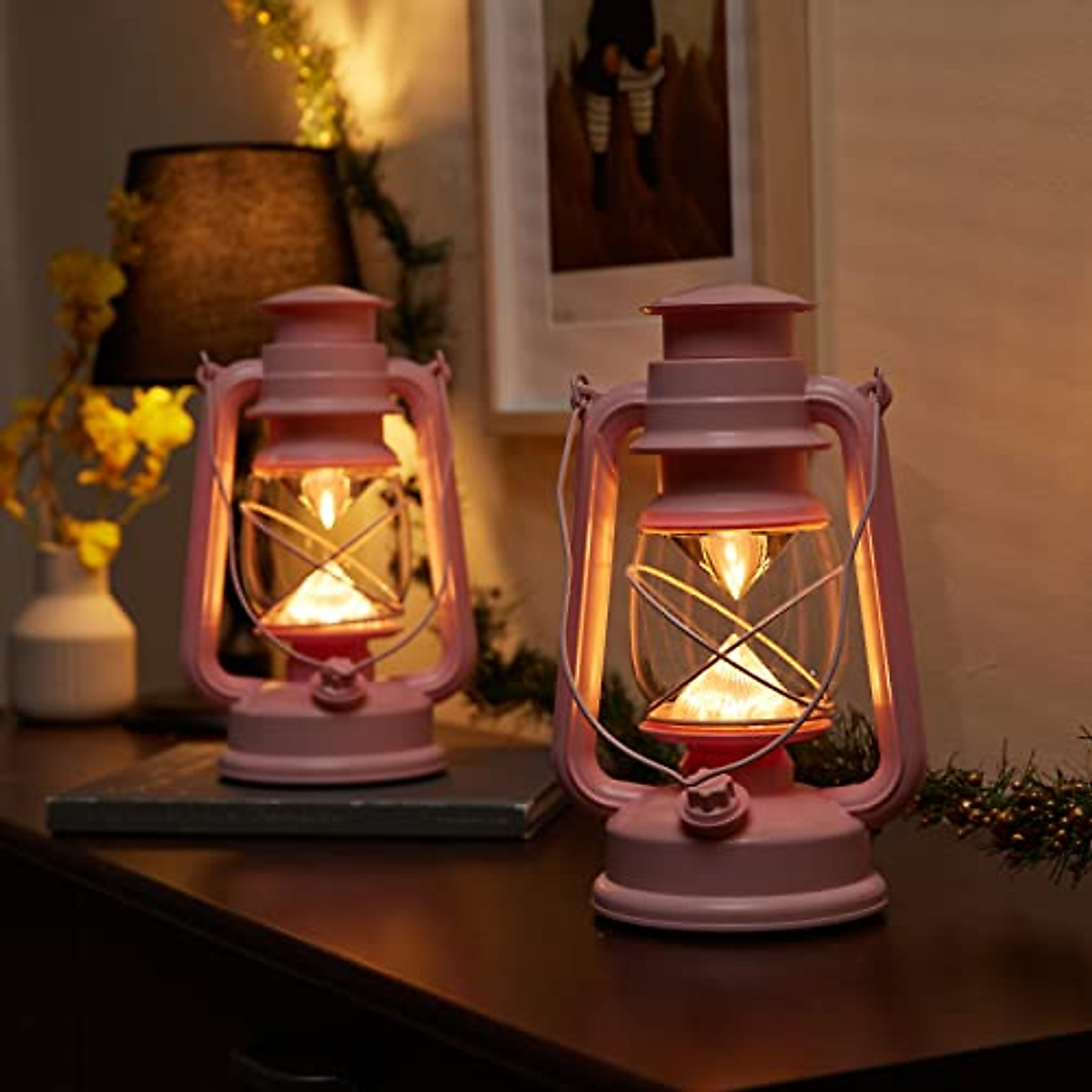 Furora LIGHTING Pink Decorative Lantern Battery Operated Remote Controlled, 6Hr Timer for Indoor Vintage Home Decor, 9.7" Outdoor Patio Hanging Tabletop Ornaments, 2 Pack Cute LED Lanterns Room Decor