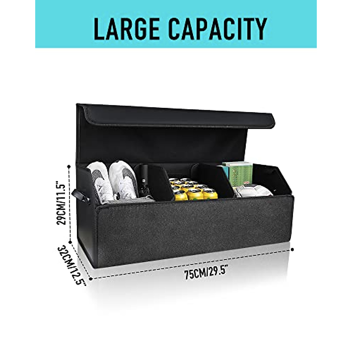 Fyzeoty Car Organizers and Storage - Trunk Organizer for Suv Sedan,Car Trunk Leather Storage Box,Extra Large,Magnetic Lid,Collapsible and Adjustable