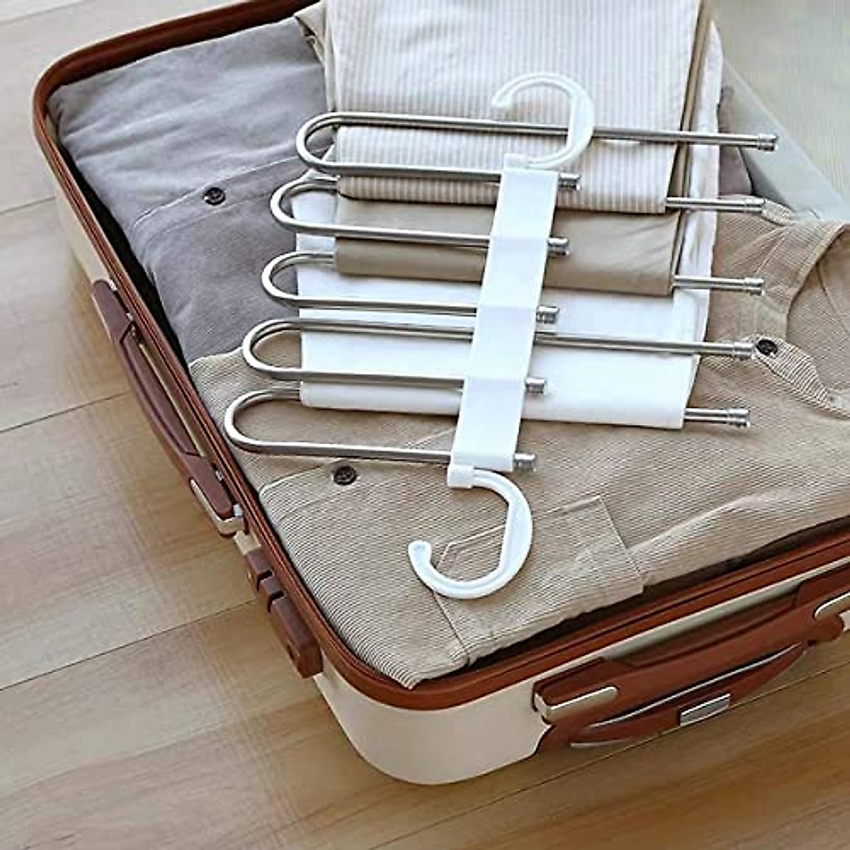 [Upgrade] Magic Pants Hangers Space Saving - 2 Pack for Closet Multiple Layers Multifunctional Uses Rack Organizer for Trousers Scarves Slack (White, 2 Pack)