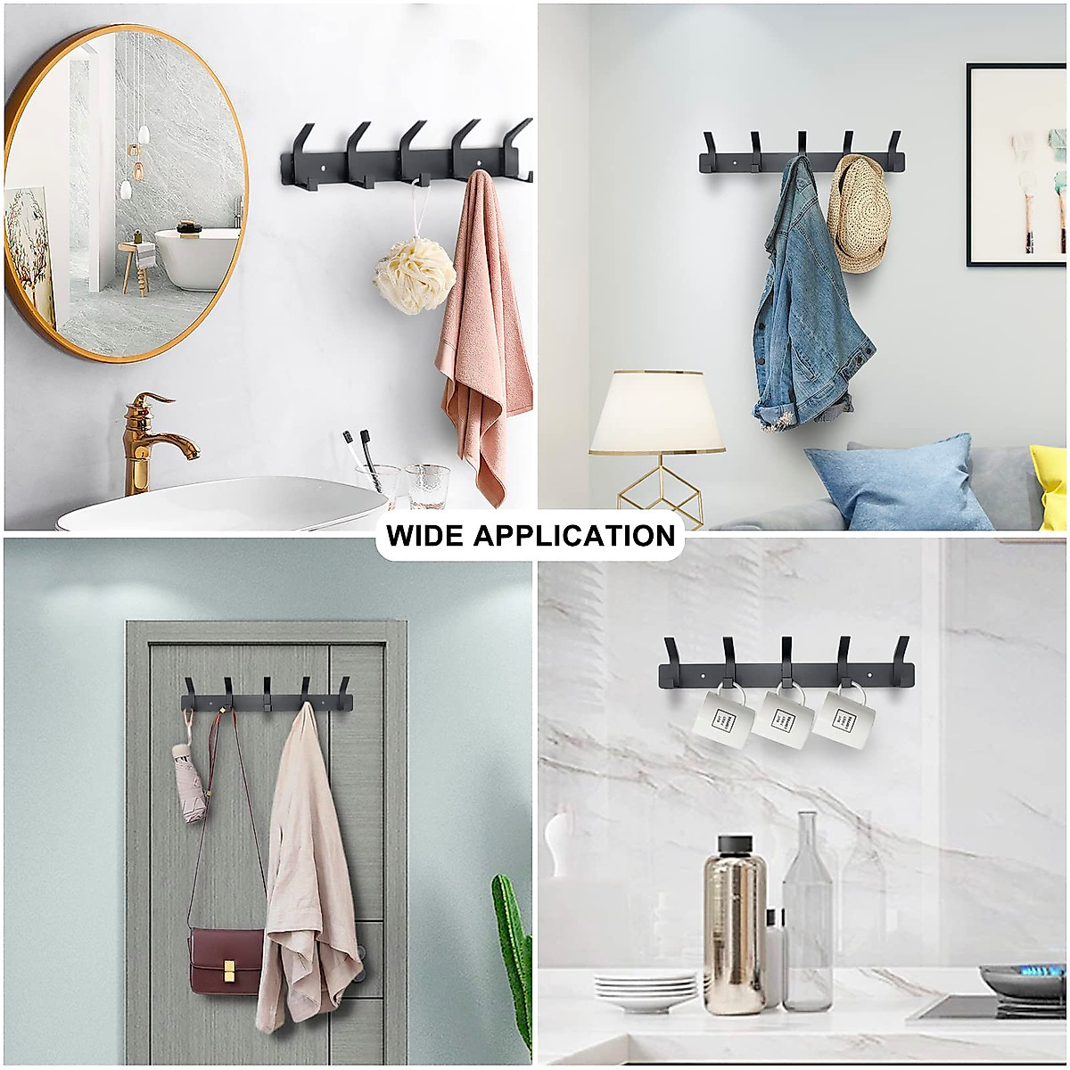 Coat Rack Wall Mounted,5 Coat Hooks for Hanging Coats,Heavy Duty Metal Double Hook Rack Hook Rail,Coat Rack with Hooks,Wall Mount Coat Hanger for Hat Towel Purse Robes ,Black,2Pack (Black2, 5 Hooks)