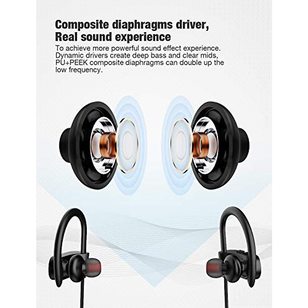 Bluetooth Headphones, Wireless Earbuds IPX7 Waterproof Sports Earphones 16H Playtime with Mic HD Stereo Sound Sweatproof in-Ear Earbuds Sound Isolation Headsets Gym Running Workout