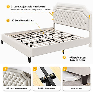 DWVO King Size Bed Frame with Adjustable Headboard, Beige Linen Upholstered Platform Bed Frame with Nail Headboard, 12'' Under-Bed Storage Low Profile Bed Frame No Box Spring Needed Hold up to 1200lbs